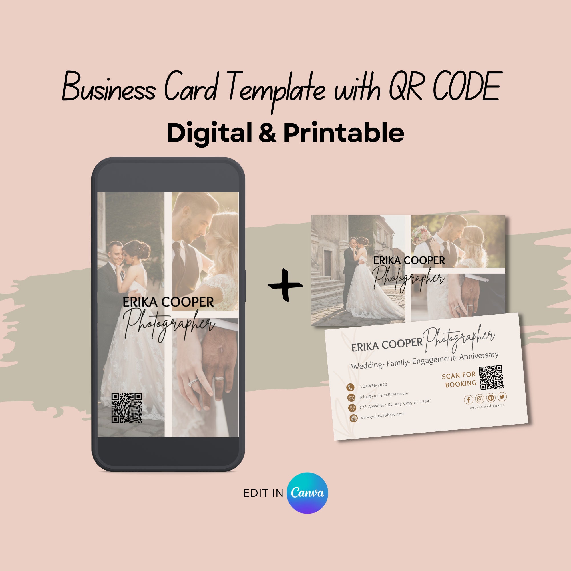 Photographer Business Card, QR Code Business Card Template, Digital ...