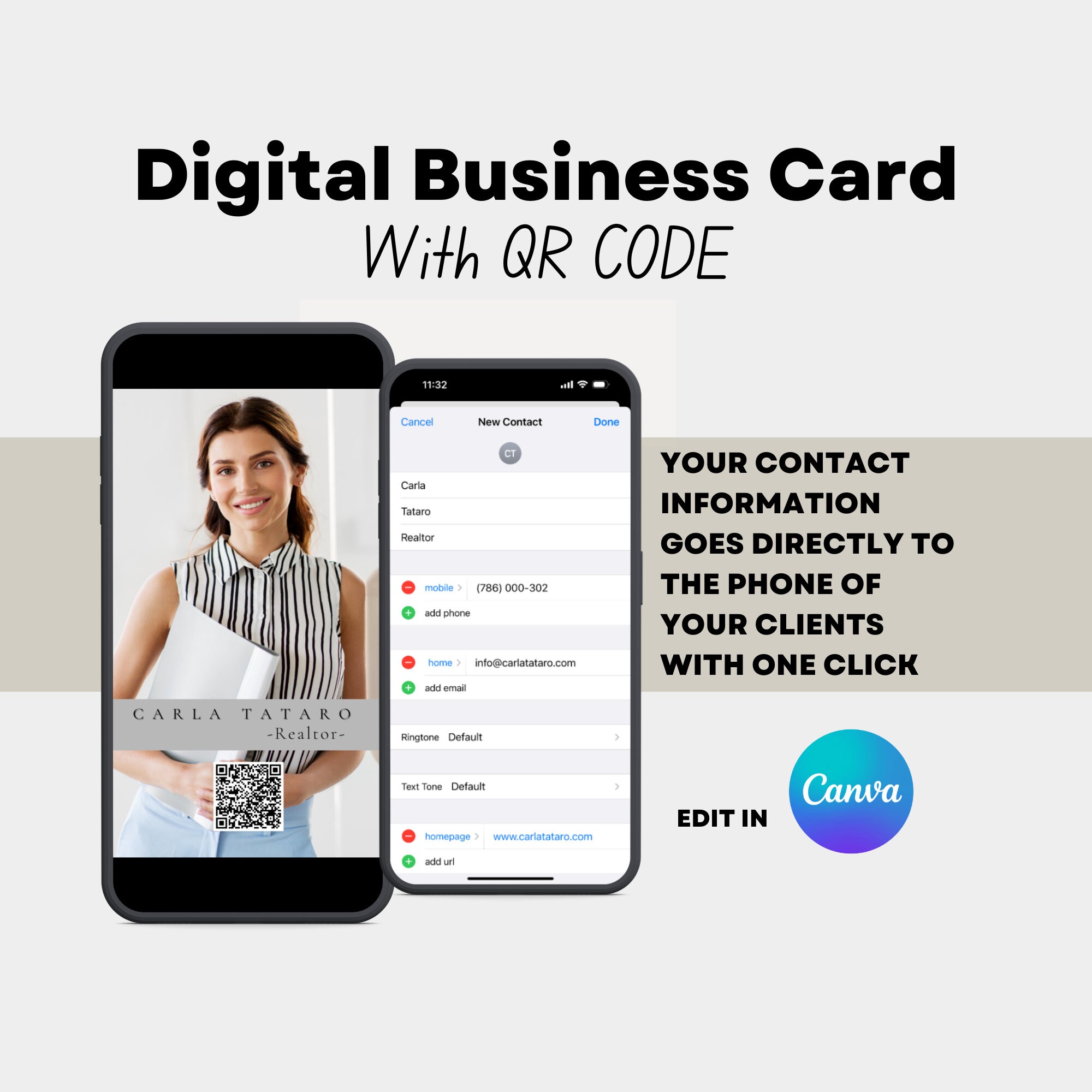 Digital Business CARD With QR CODE, Editable Canva Template, Contact ...