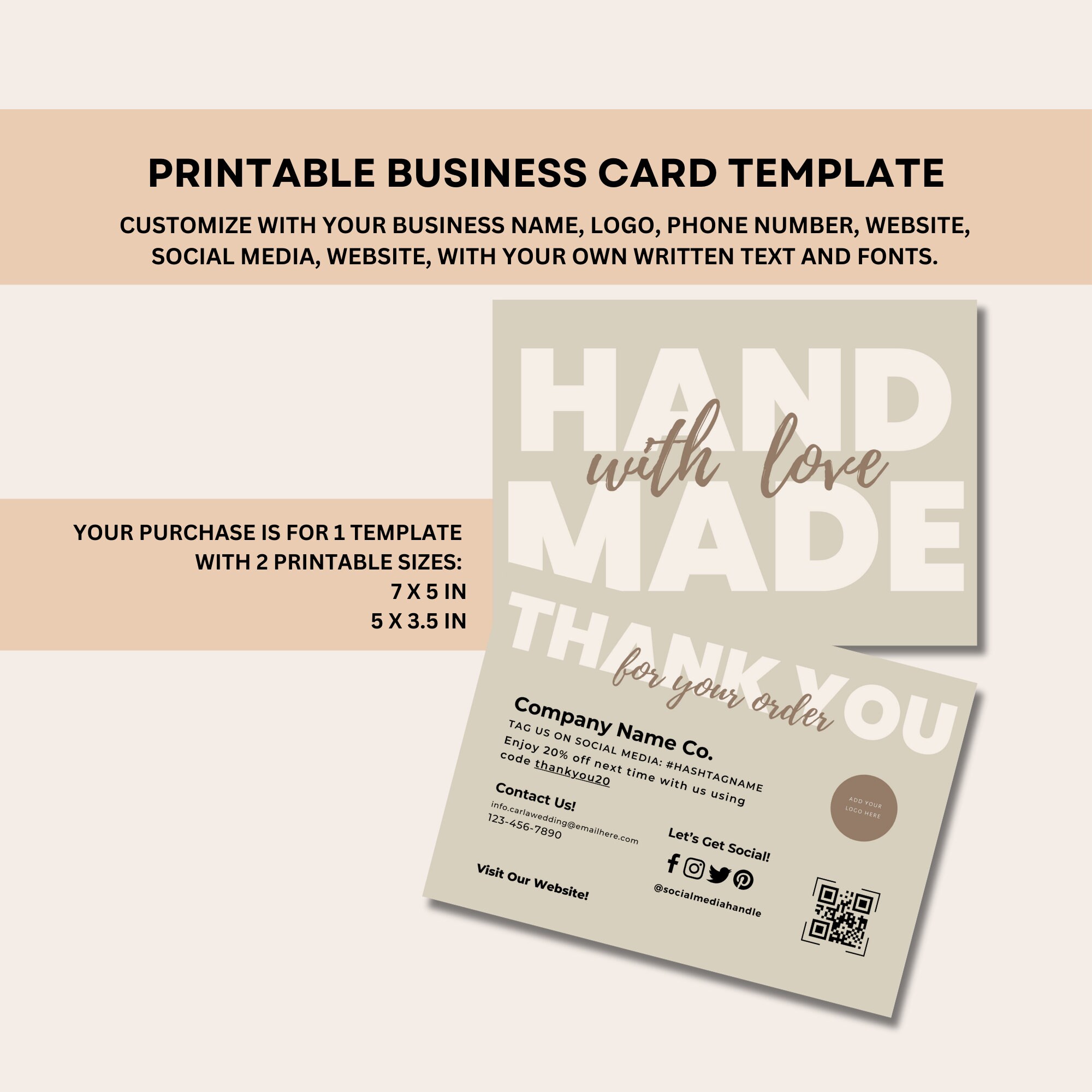 Handmade With Love Neutral Thank You Card Editable Template, Thanks for ...