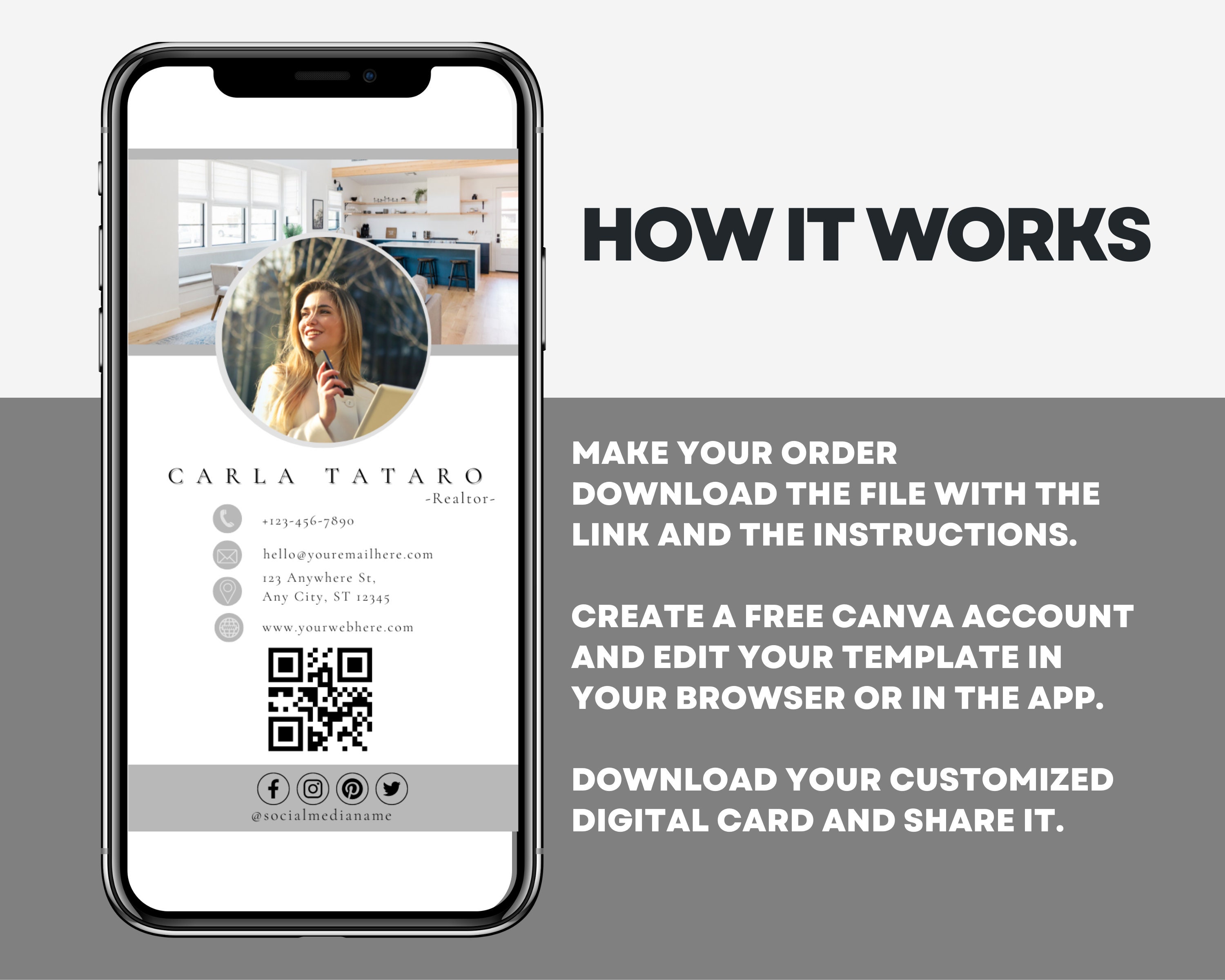 Realtor Digital Business Card Template With QR Code & Clickable Links ...