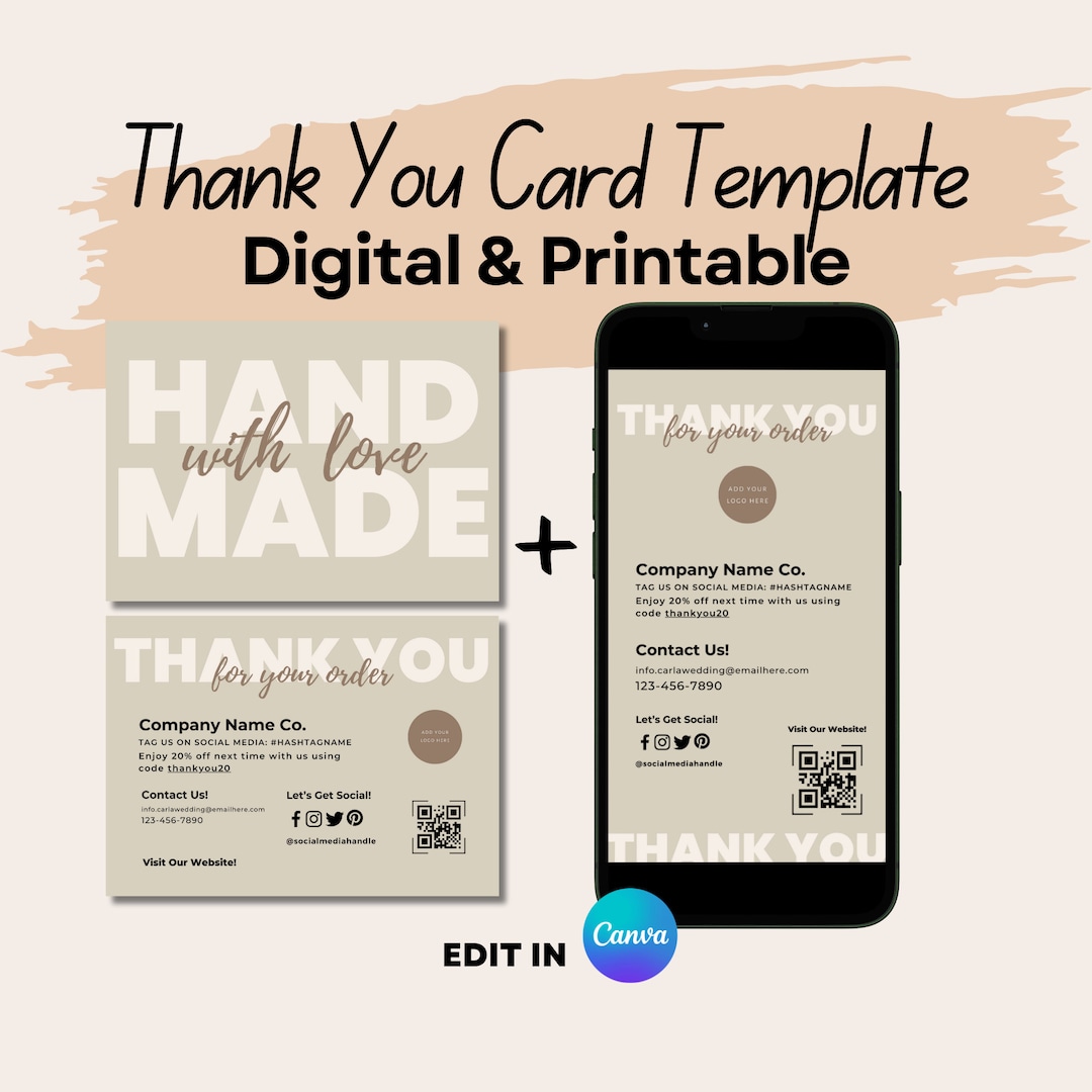 Handmade With Love Neutral Thank You Card Editable Template, Thanks for ...