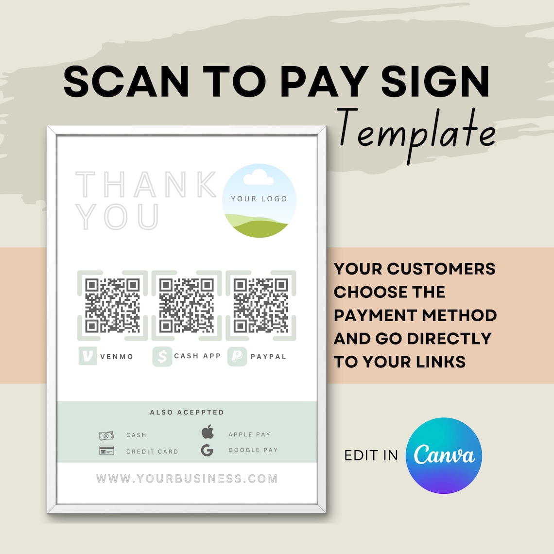 Scan to Pay Sign, QR Code Pay Sign, Printable Payment Sing, Editable ...
