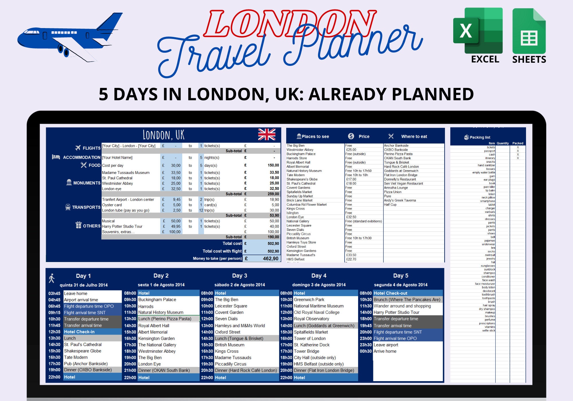 London Itinerary Travel Planner Excel Google Sheets Digital United ...