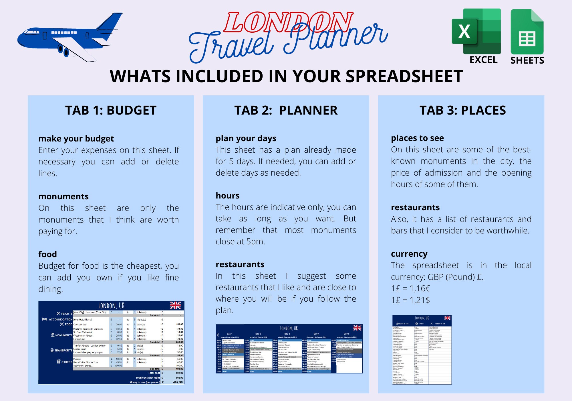 London Itinerary Travel Planner Excel Google Sheets Digital United ...