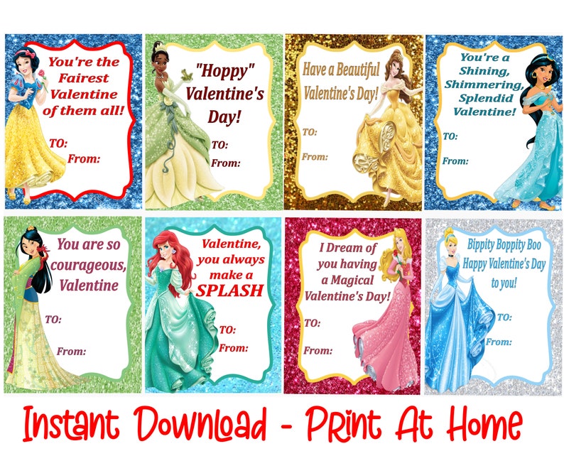 Princess Valentine's Day Cards - Printable - Instant Download Print at ...