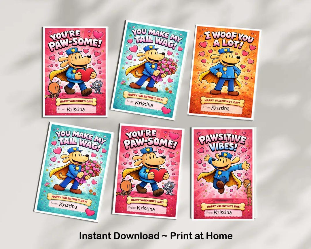 Dog Man Valentine's Day Cards, Printable Kids Valentine Cards Instant ...