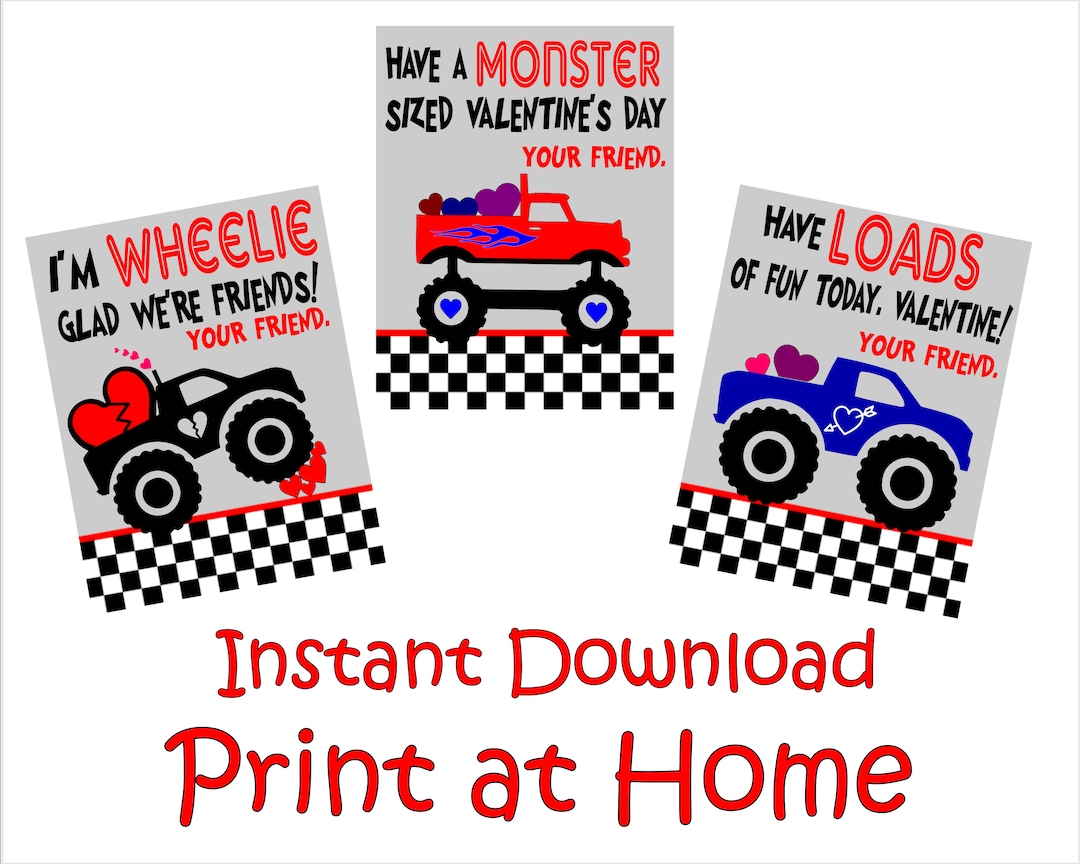 Monster Truck Valentine's Day Cards - Printable - Instant Download ...