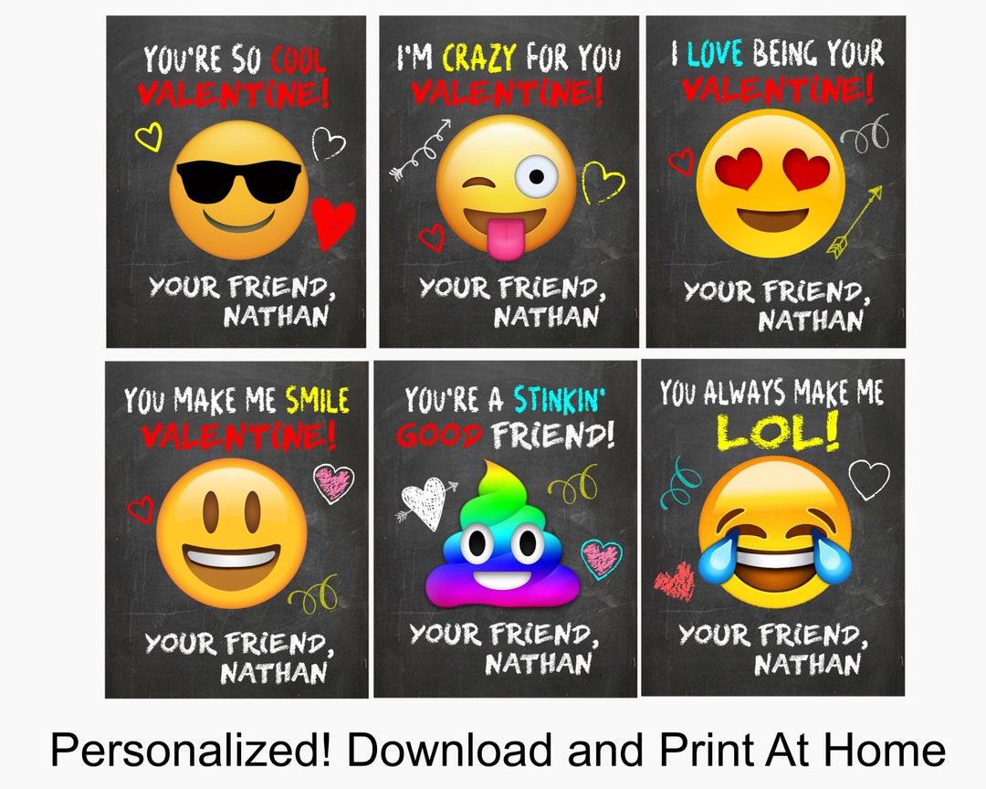 Customized Emoji Valentine's Day Cards - Printable - Print at Home ...