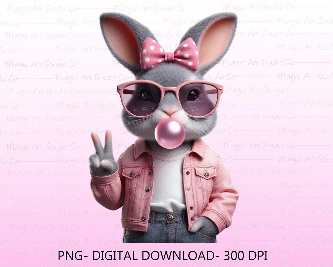 Easter Bunny Blowing Bubble PNG, Peace Sign Bunny Clipart, Cute Retro ...