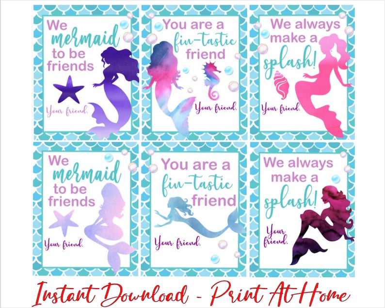 Mermaid Valentine's Day Cards Printable Instant - Etsy