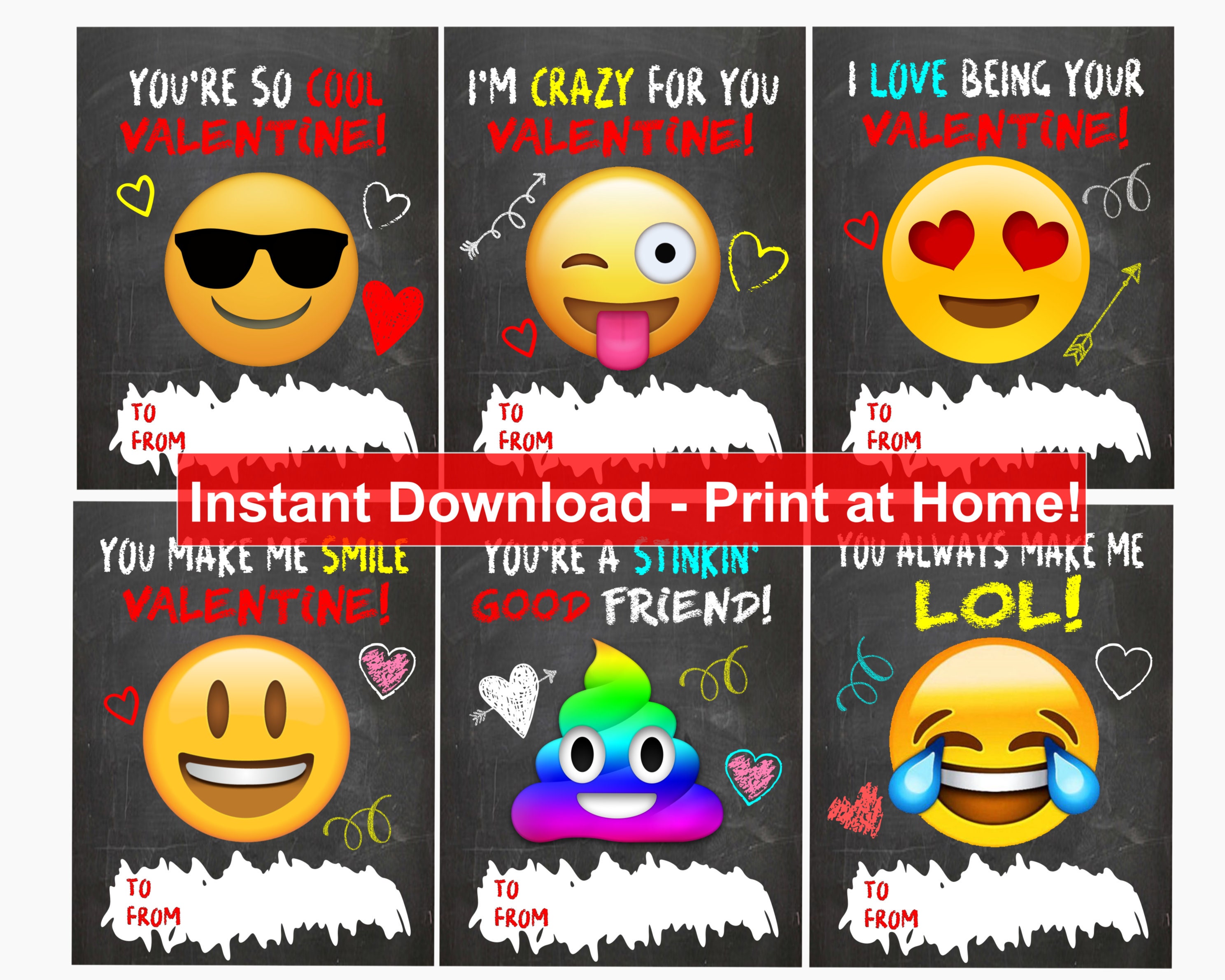 Emoji Valentine's Day Cards - Printable - Instant Download Print at ...