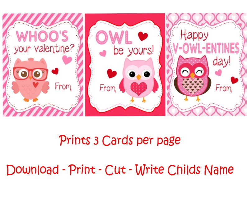Owl Valentine's Day Cards - Printable - Instant Download Print at Home ...
