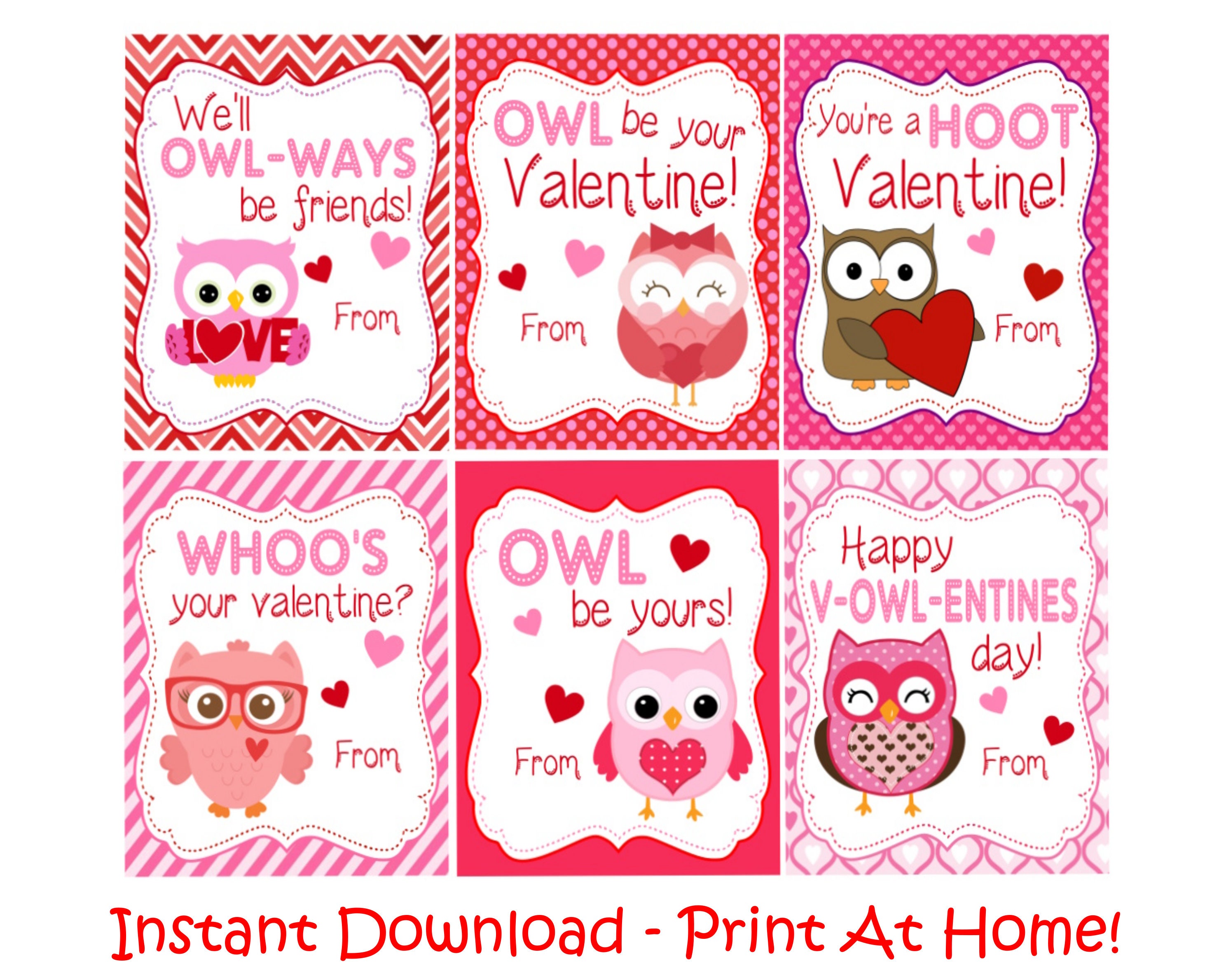 Owl Valentine's Day Cards - Printable - Instant Download Print at Home ...