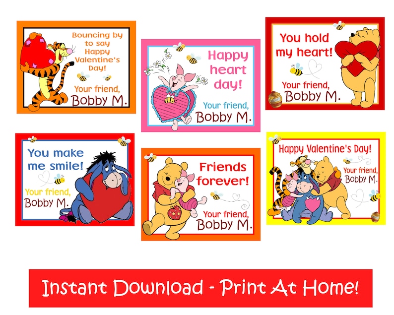 Winne the Pooh Valentine's Day Cards Printable Instant - Etsy
