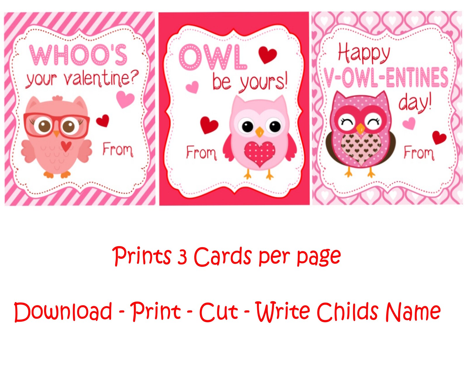 Owl Valentine's Day Cards - Printable - Instant Download Print at Home ...