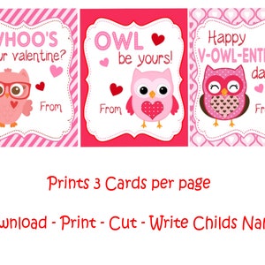 Owl Valentine's Day Cards - Printable - Instant Download Print at Home ...