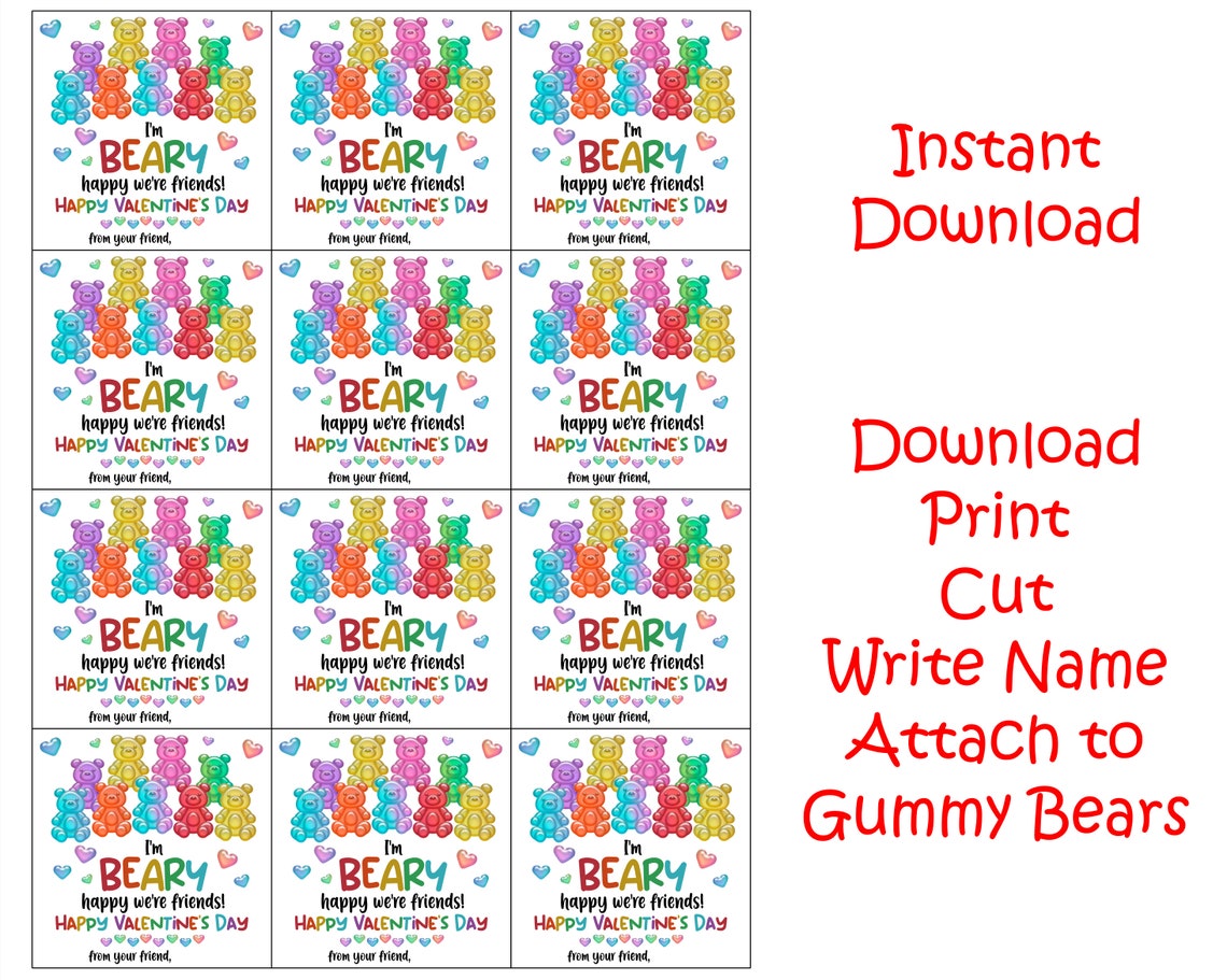 Gummy Bears Valentine's Day Cards - Printable - Instant Download Print ...