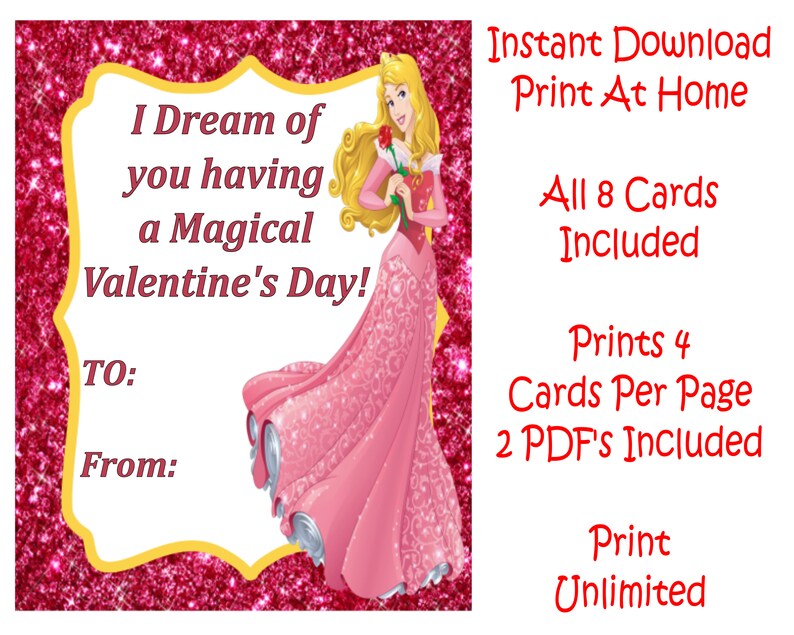 Princess Valentine's Day Cards - Printable - Instant Download Print at ...