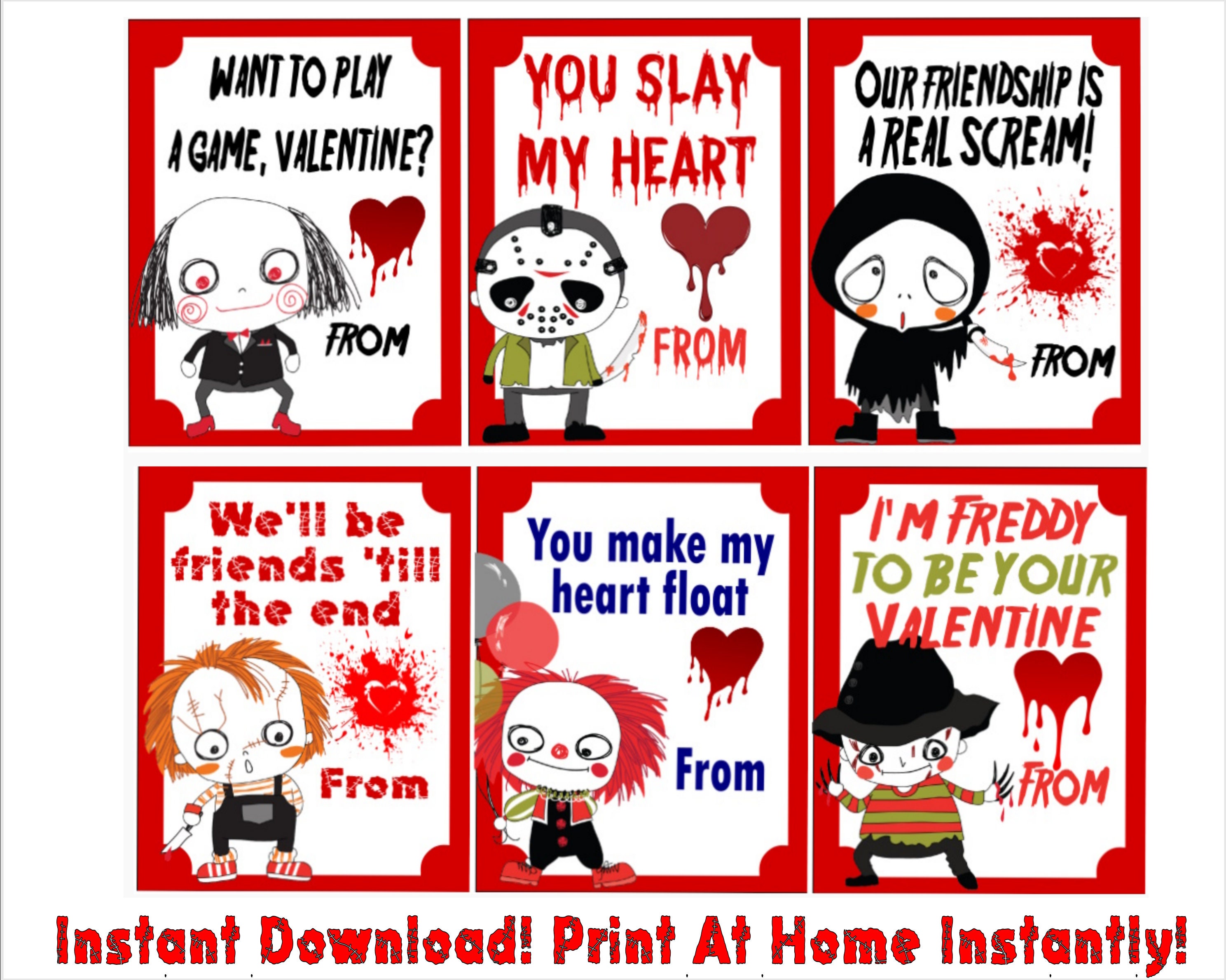 Horror Characters Valentine's Day Cards - Printable - Instant Download ...