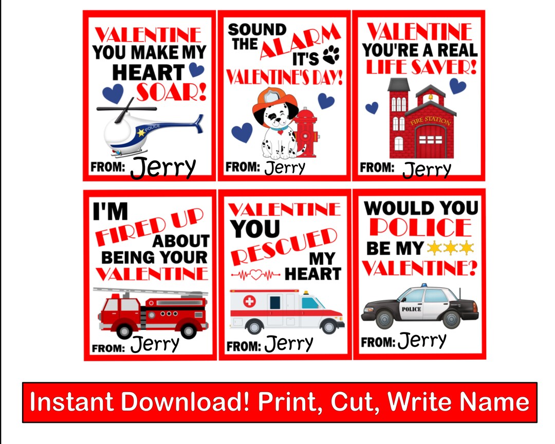 Emergency Vehicles Valentine's Day Cards - Printable - Instant Download ...