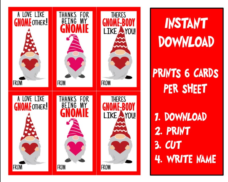 Gnome Valentine's Day Cards - Printable - Instant Download Print at ...