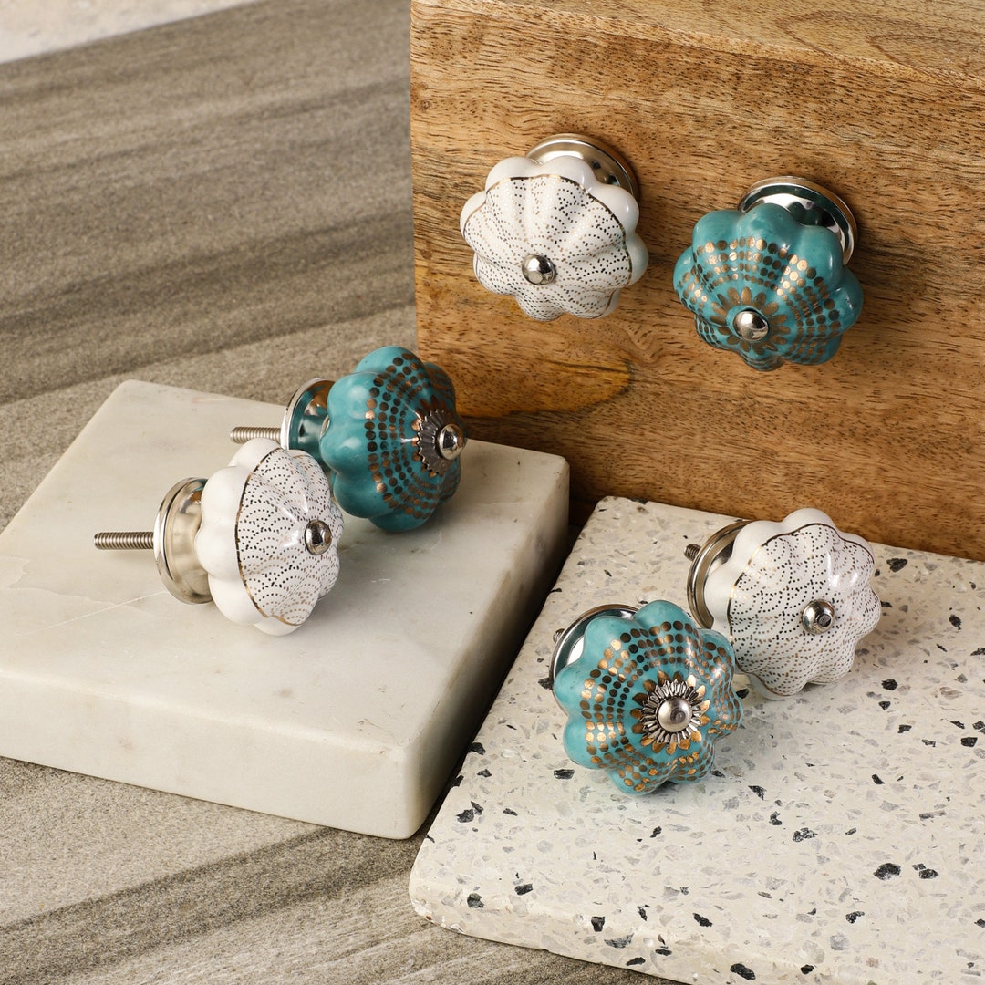 Classic Style Teal, White and Gold Ceramic Pull Knobs (C27) - Etsy