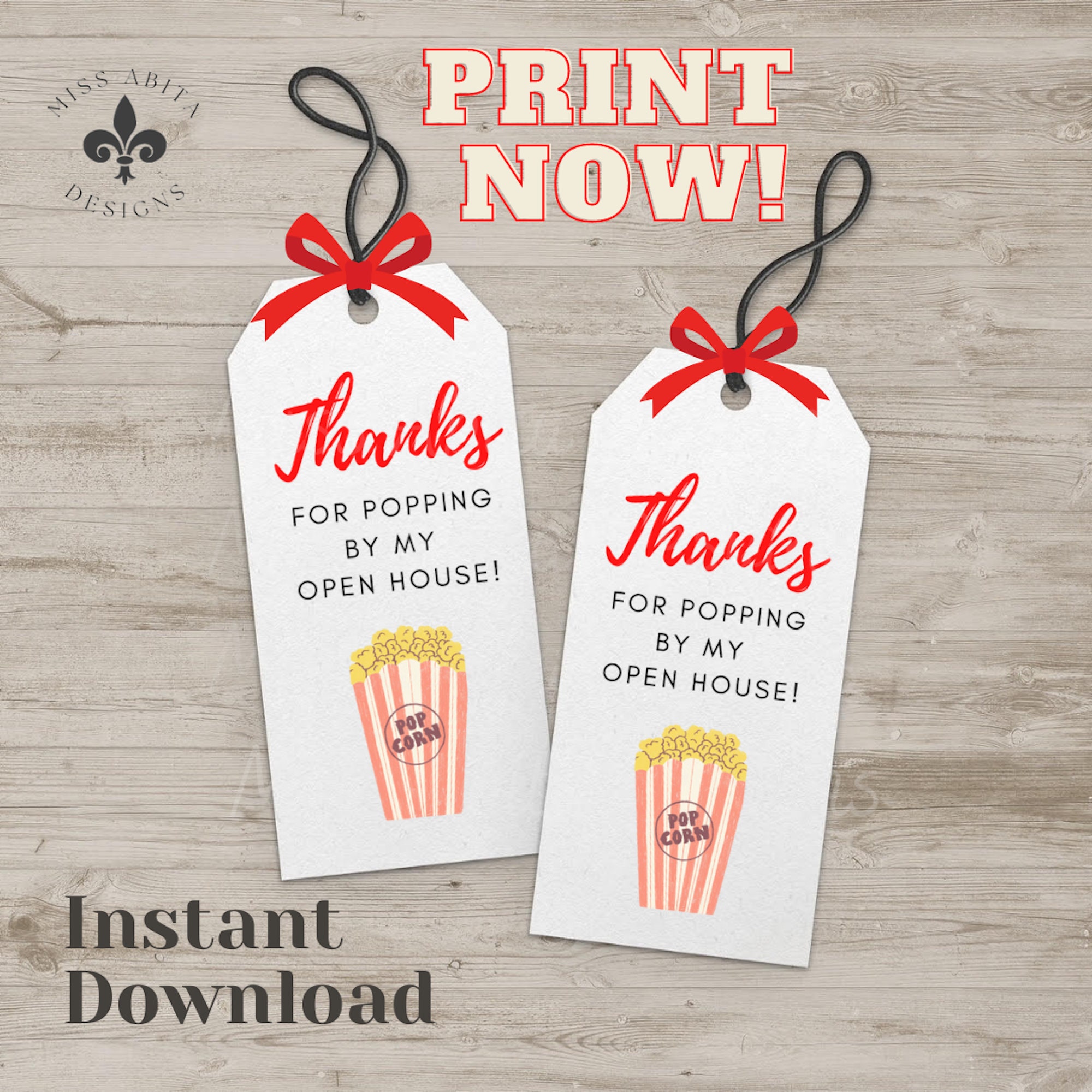 PRINTABLE Popcorn Open House Real Estate Gift Tag Thanks for Popping by ...