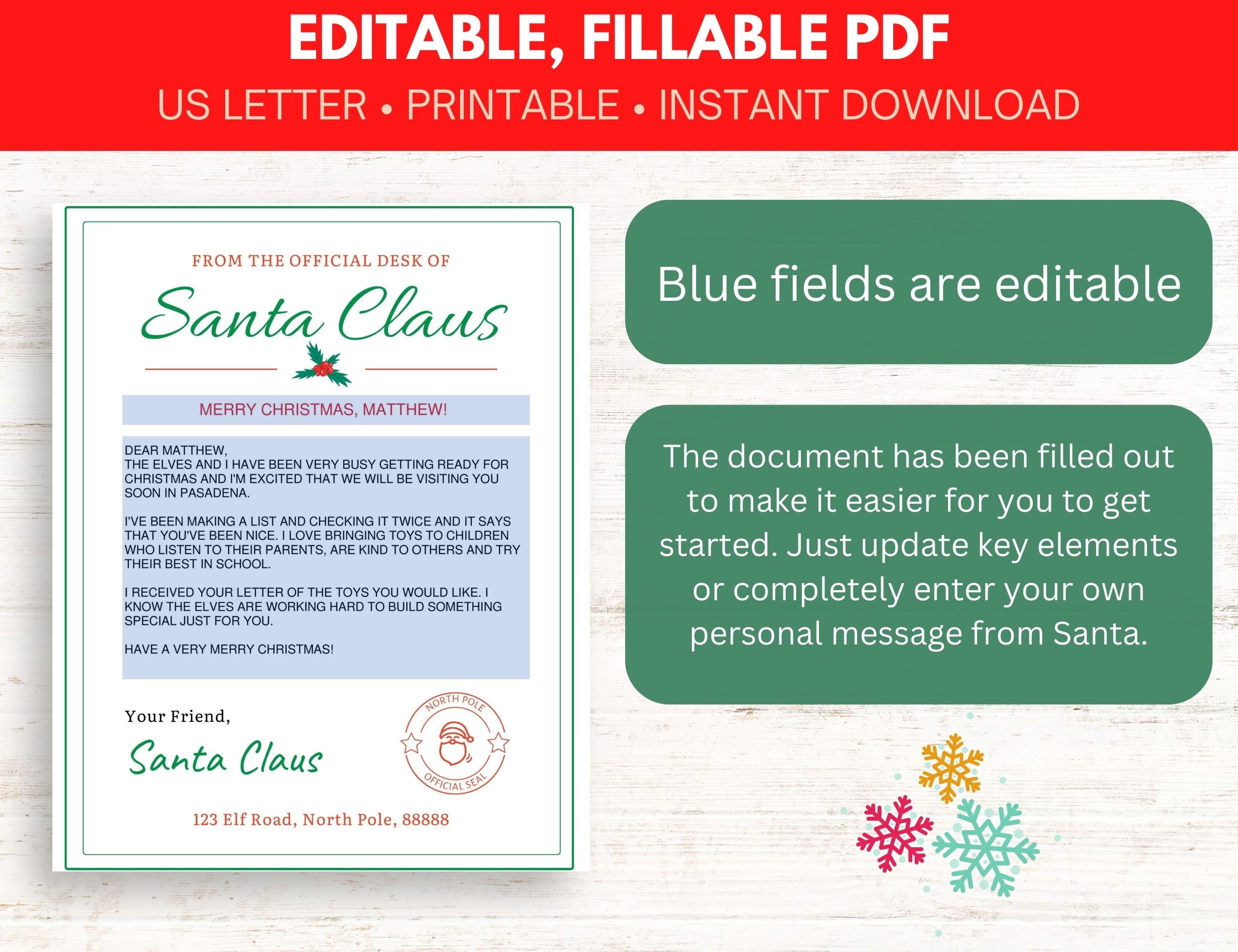 Editable Personalized Letter From Santa, Letter From Santa to Kids ...