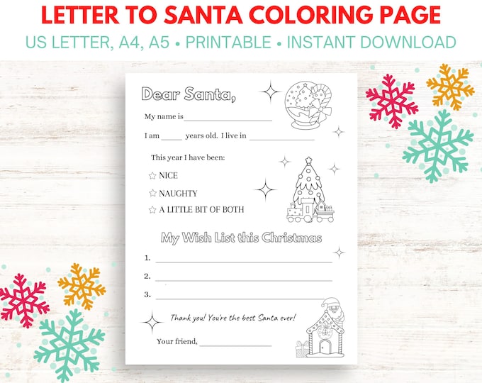 Letter to Santa Coloring Page Printable Christmas Wish List, Dear Santa ...