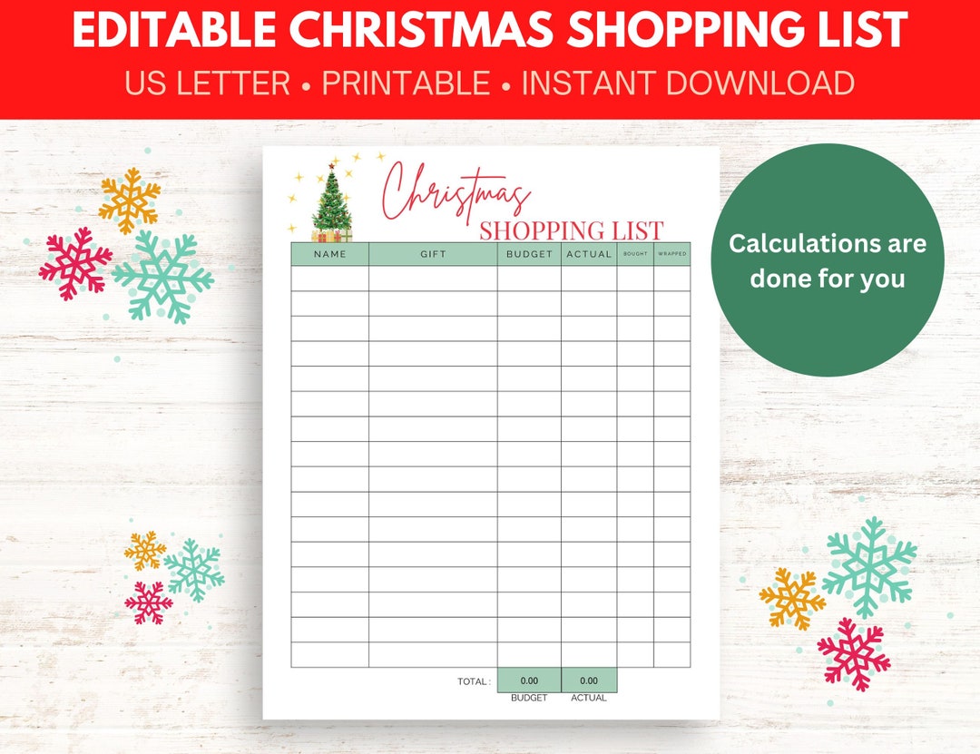 Editable Christmas Shopping List, Christmas Present List, Holiday Gift ...