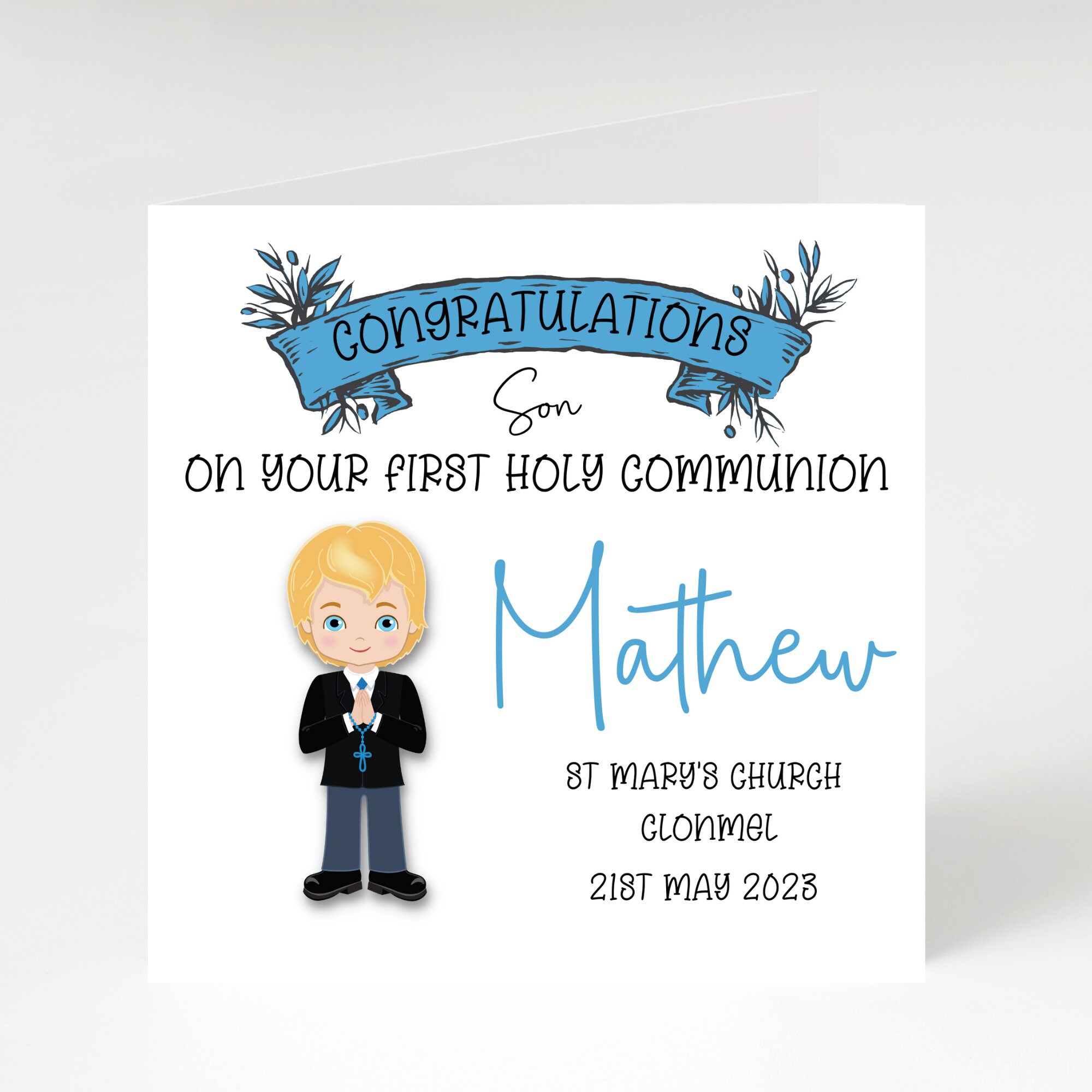 Personalised First Holy Communion Card With Blue Cross Design ...