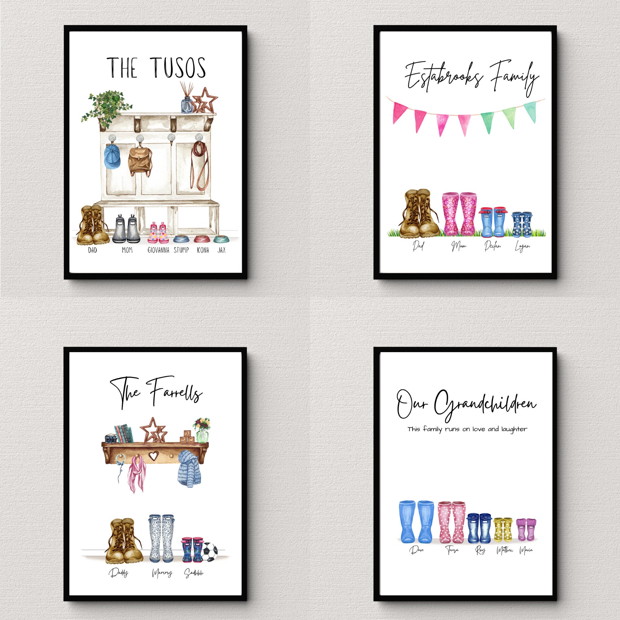 Personalised Family Welly Boot Print, Custom Wellies Print With Names ...