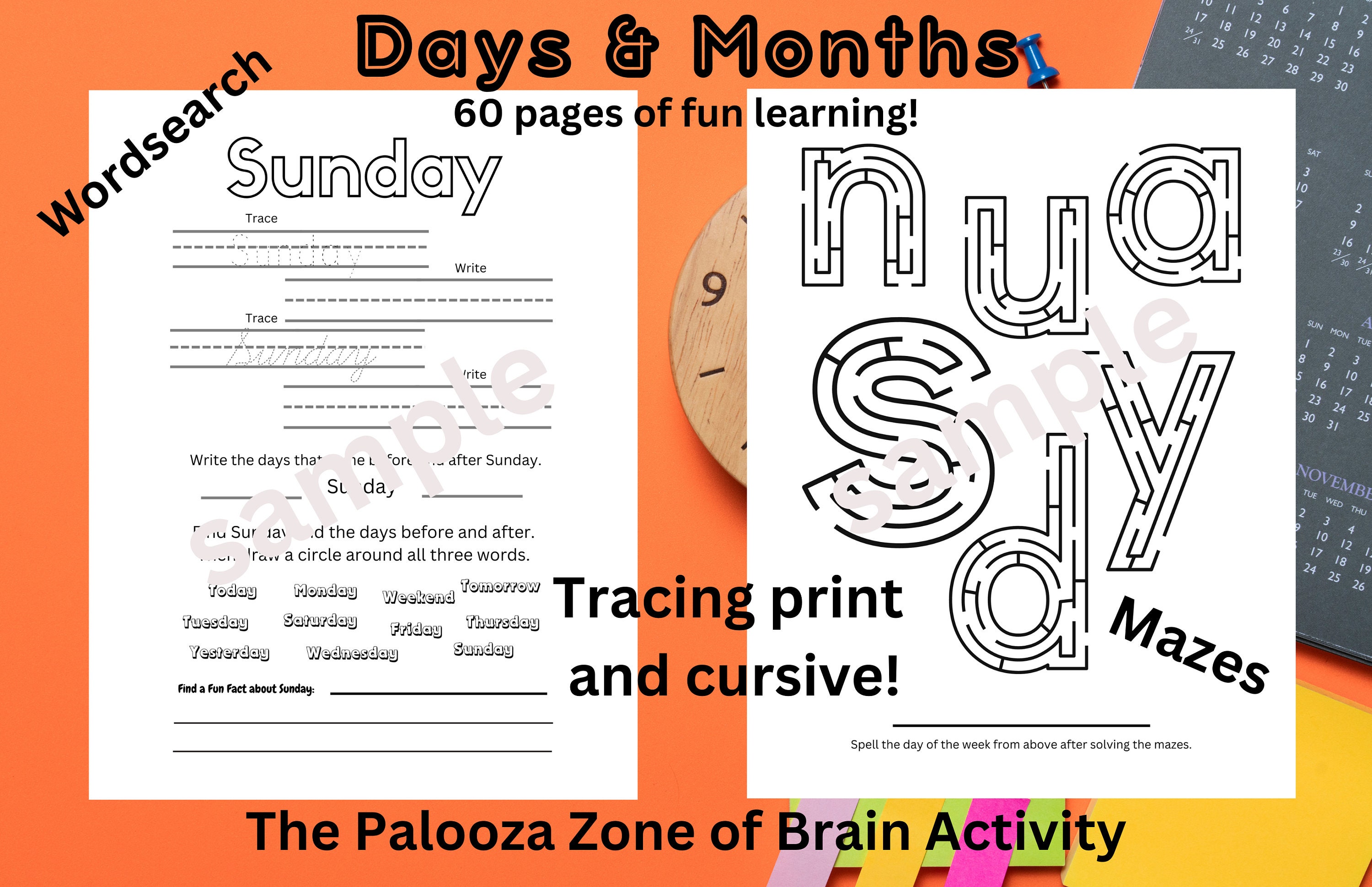 Days and Months, Print and Cursive, Letter Mazes, Calendars, Spelling ...