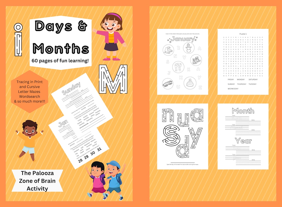 Days and Months, Print and Cursive, Letter Mazes, Calendars, Spelling ...