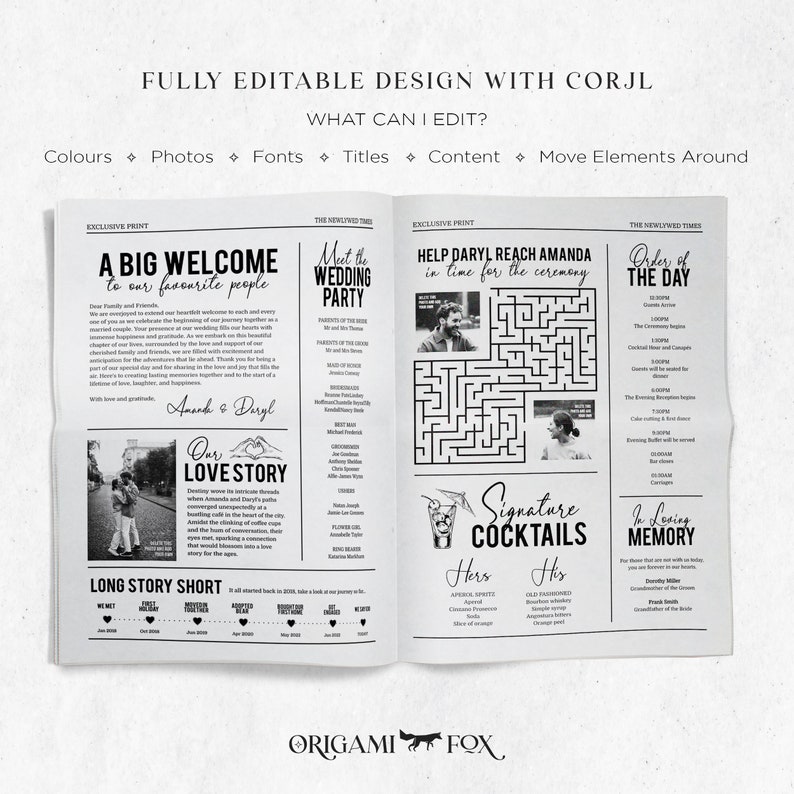 Wedding Newspaper Program Template | DIY Newspaper Design | Editable ...