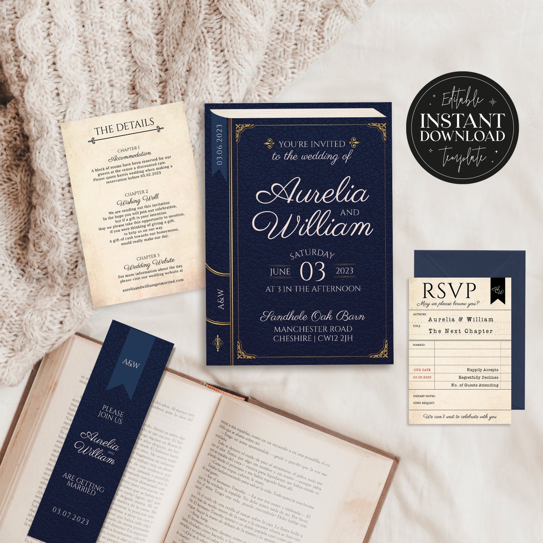 AURELIA Literary Book Invite Set Vintage DIY Invitation Editable ...
