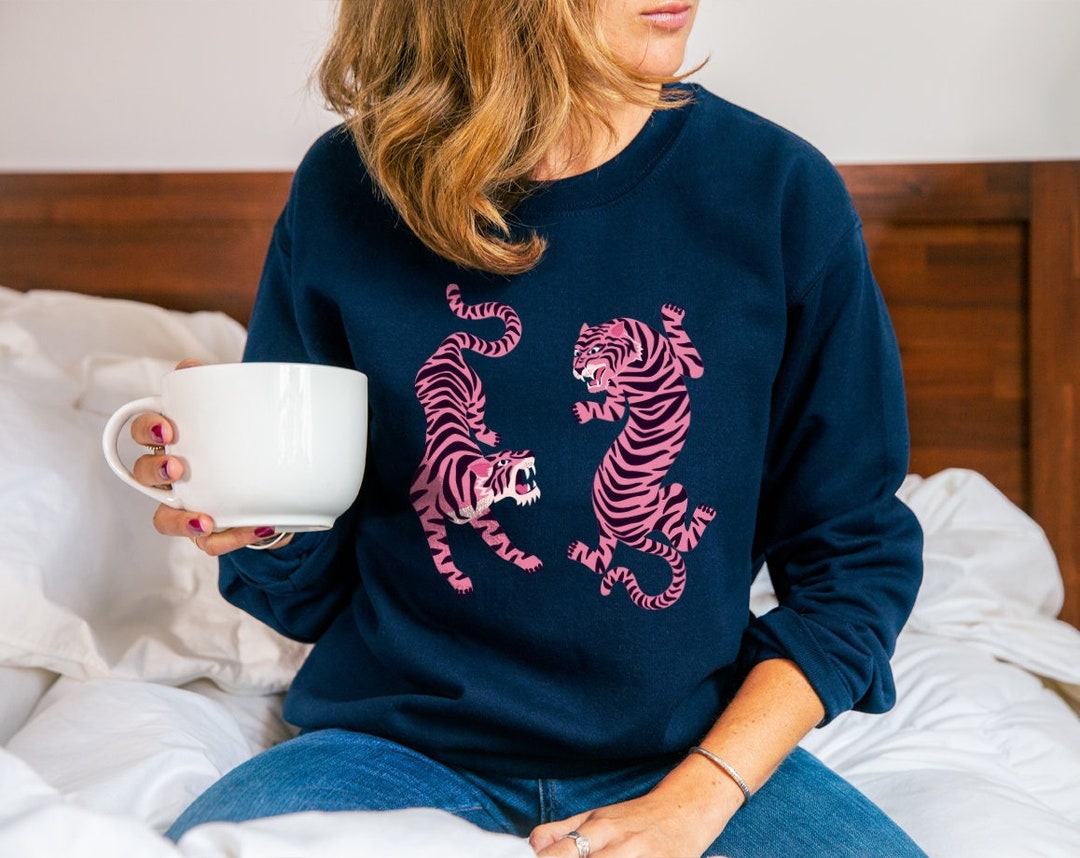 Pink Tigers Sweatshirt, Womens Sweater, Animal Lover Sweatshirt, Tiger Sweatshirt, Leopard Tiger ...