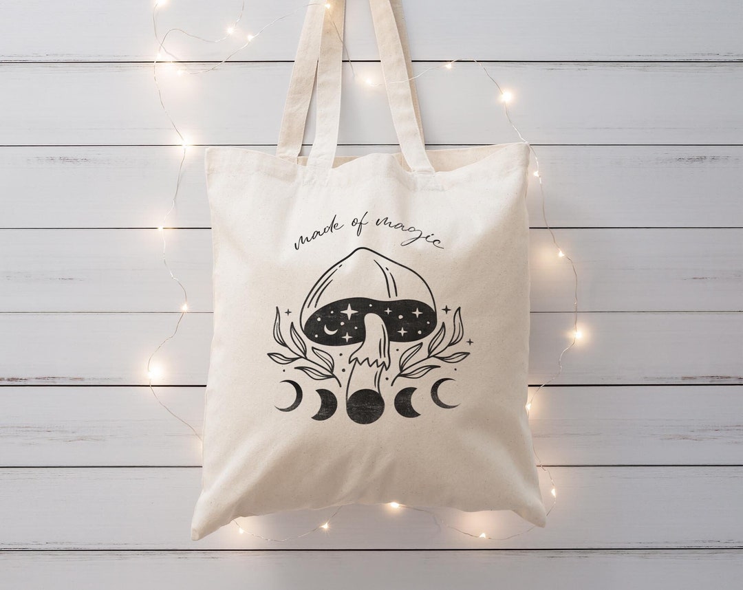 Floral Moon Tote Bag, Mystical Tote Bag, Boho Mushroom Tote Bag, Floral ...