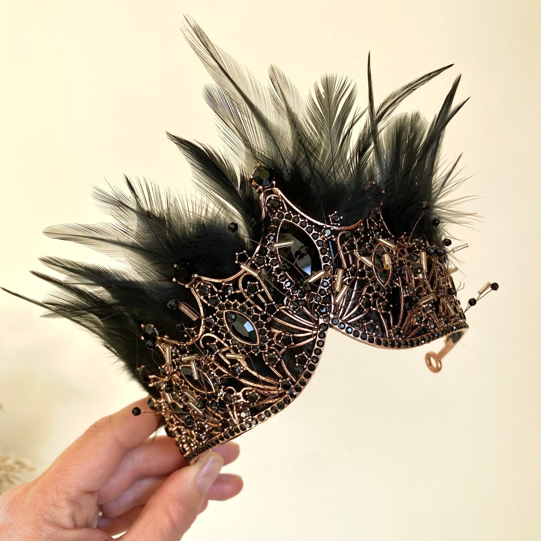 Halloween Feather Crown, Black and Bronze Crystal Crown, Headpiece ...