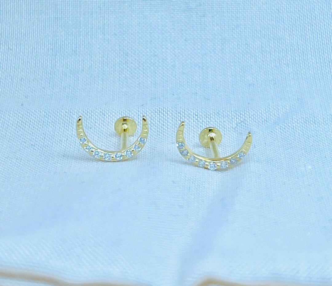 Tiny Half Moon Stud Screw Back Earrings Half Moon Gold Stud Earrings Diamond Small Crescent Stud ...