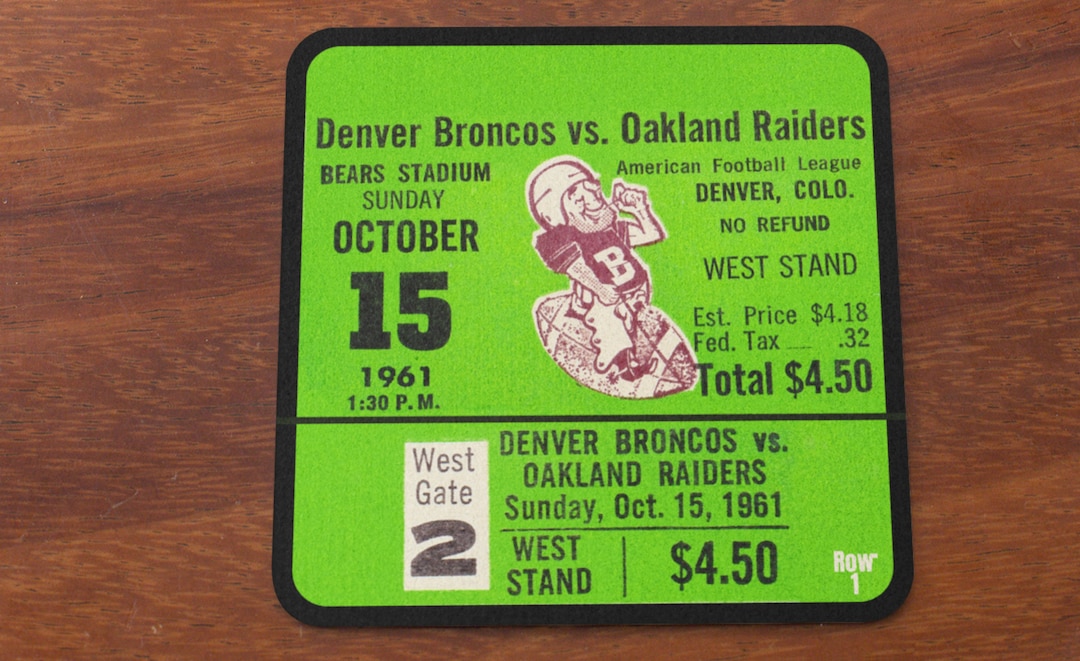 1961 Oakland Raiders Vs. Denver Broncos Football Ticket Coasters (4 ...