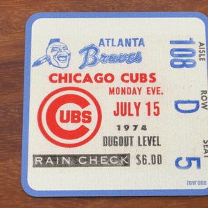 Braves Vs Cubs 1974 Ticket Stub Coasters: Baseball Fan Gift - Etsy