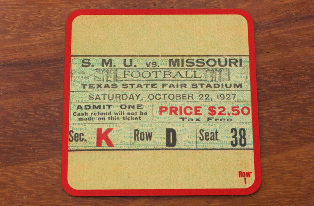 1927 Missouri Vs. SMU Football Ticket Stub Drink Coasters 4 Row One ...