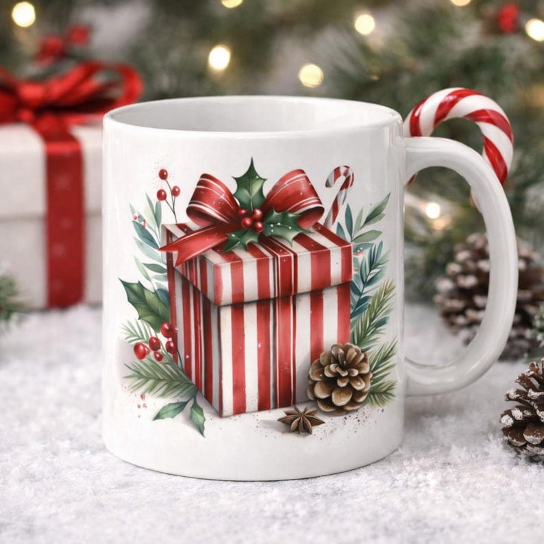 Printable Watercolor Red Striped Christmas Gift Box Painting, Vintage ...