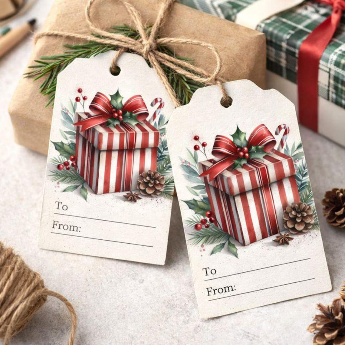 Printable Watercolor Red Striped Christmas Gift Box Painting, Vintage ...