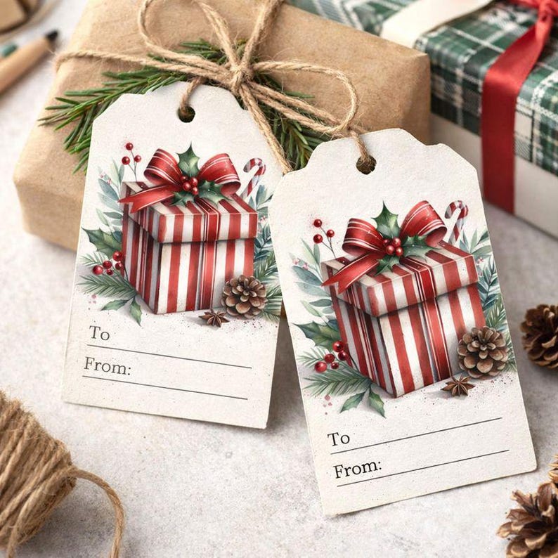 Printable Watercolor Red Striped Christmas Gift Box Painting, Vintage ...