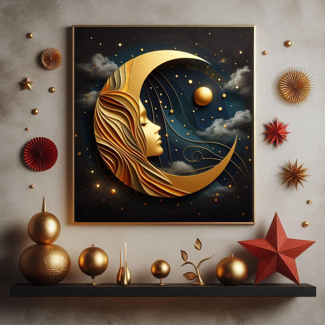 Golden Crescent Moon Collage Decor, Digital Collage Moon Wall Art ...
