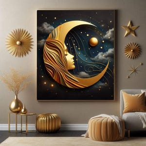 Golden Crescent Moon Collage Decor, Digital Collage Moon Wall Art ...