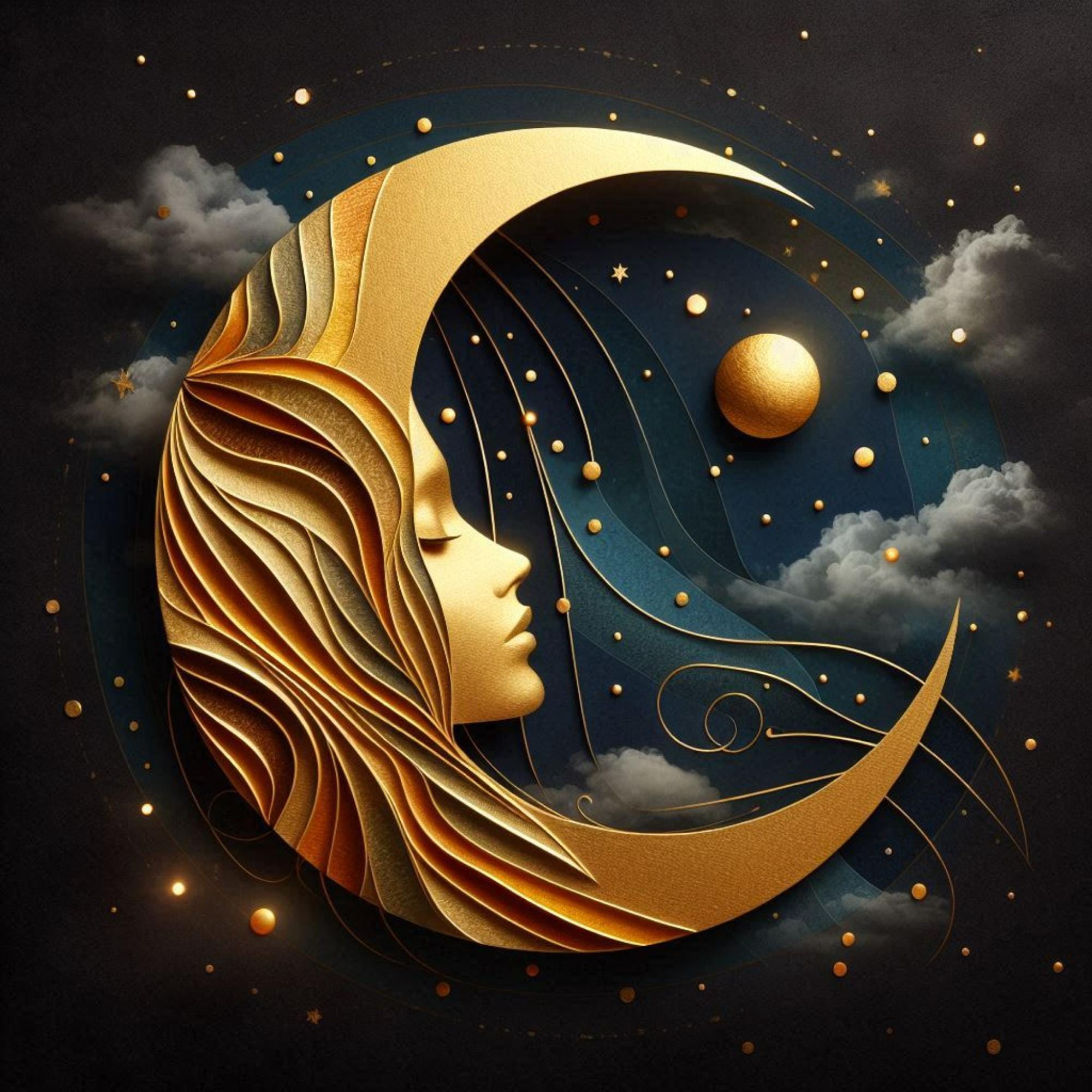 Golden Crescent Moon Collage Decor, Digital Collage Moon Wall Art ...