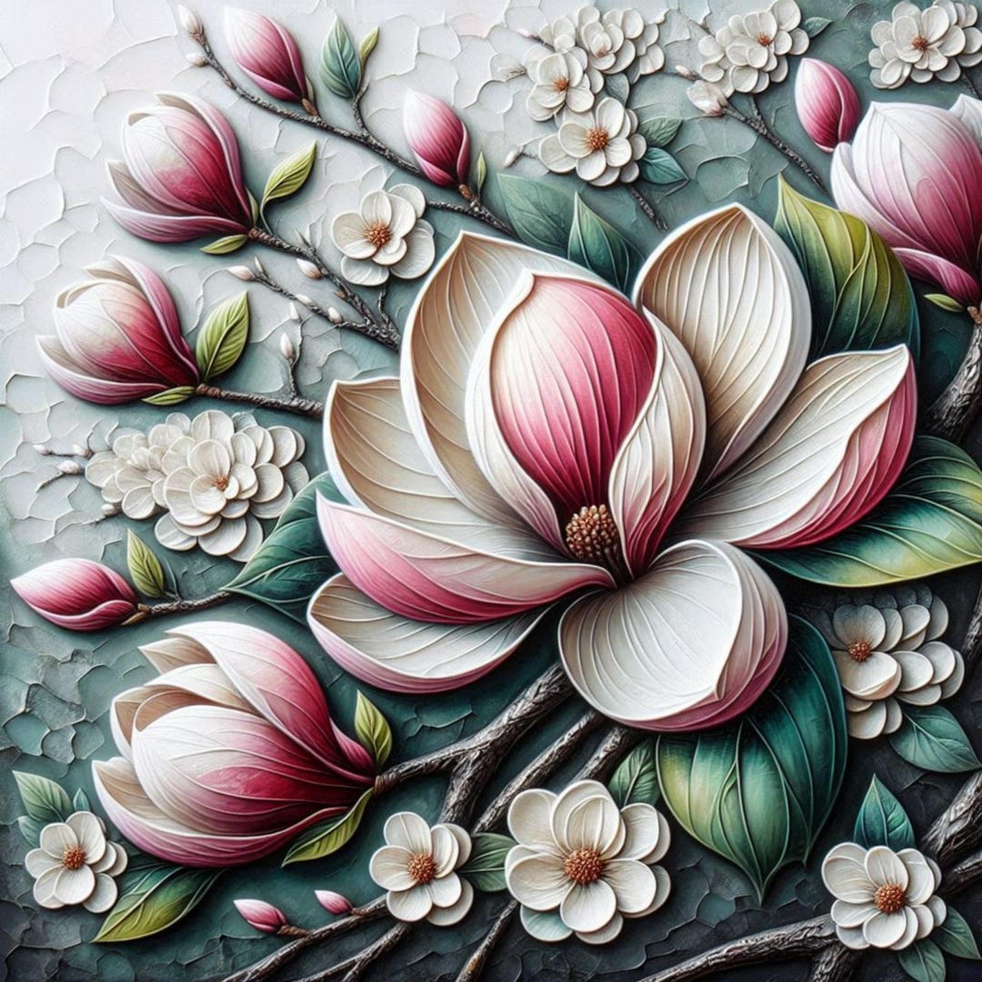 Exquisite 3D Textured Magnolia Flower Canvas Art, Elegant Floral Decor ...